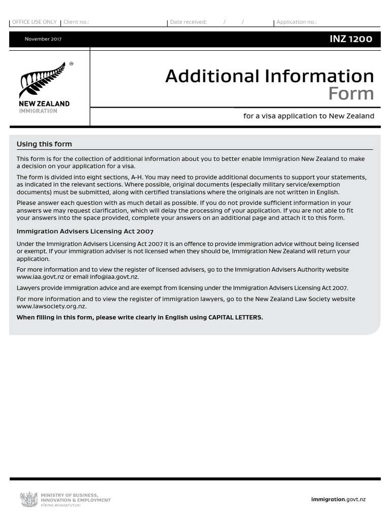 Inz 1200 Additional Information Form | PDF | Military Service | Travel Visa