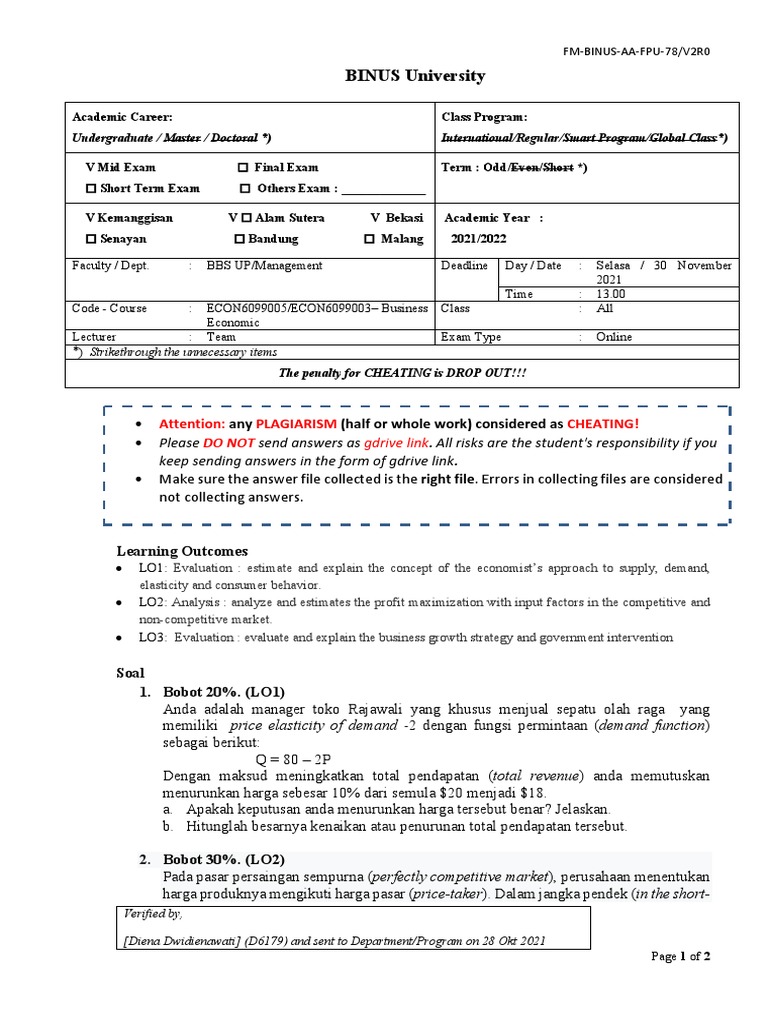 BINUS University: Any (Half or Whole Work) Considered As | PDF ...