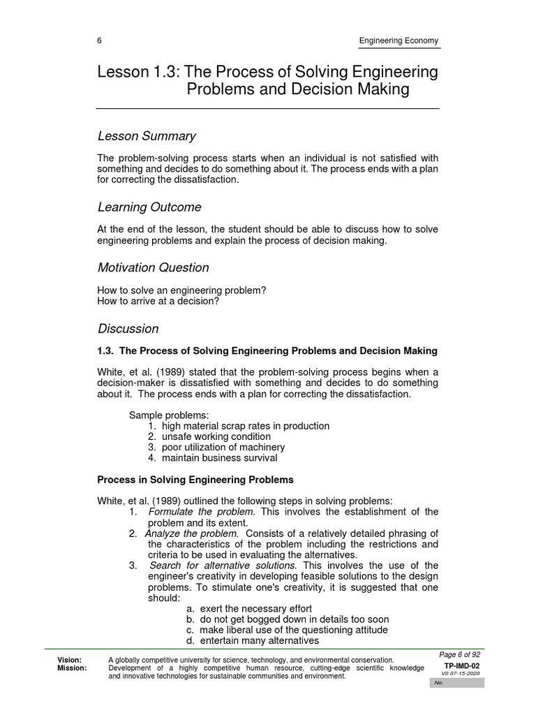 ESci 131n Lesson 1.3. The Process of Solving Engineering Problems and ...