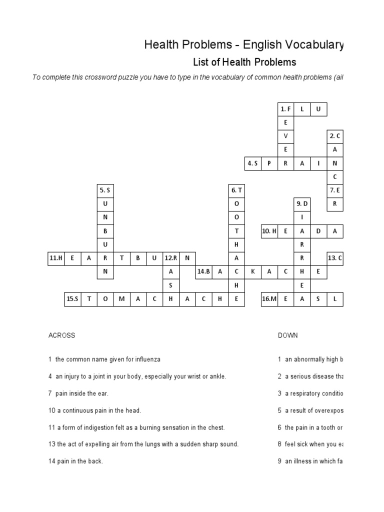 CROSSWORD PUZZLE - Health Problems | PDF | Influenza | Health Sciences