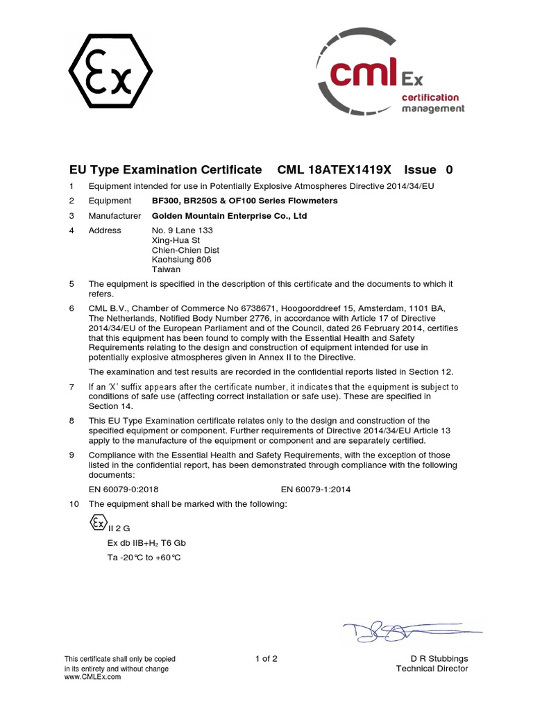 EU Type Examination Certificate CML 18ATEX1419X Issue 0: BF300, BR250S ...