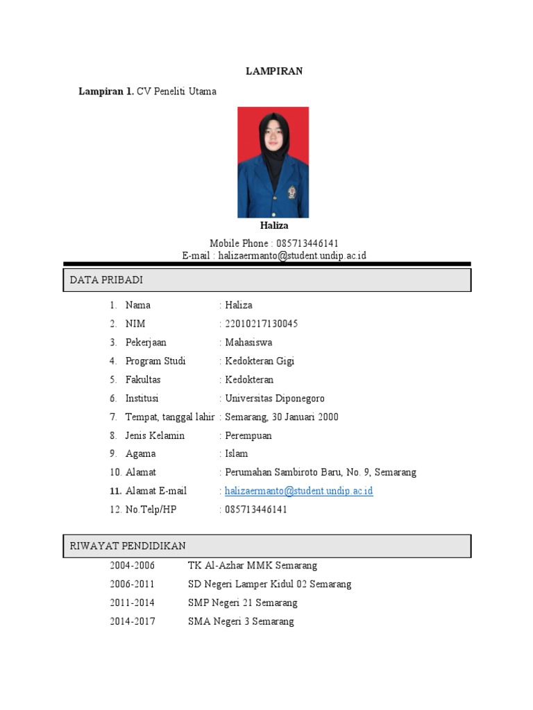 04 - Lampiran 1 - CV Peneliti Utama | PDF
