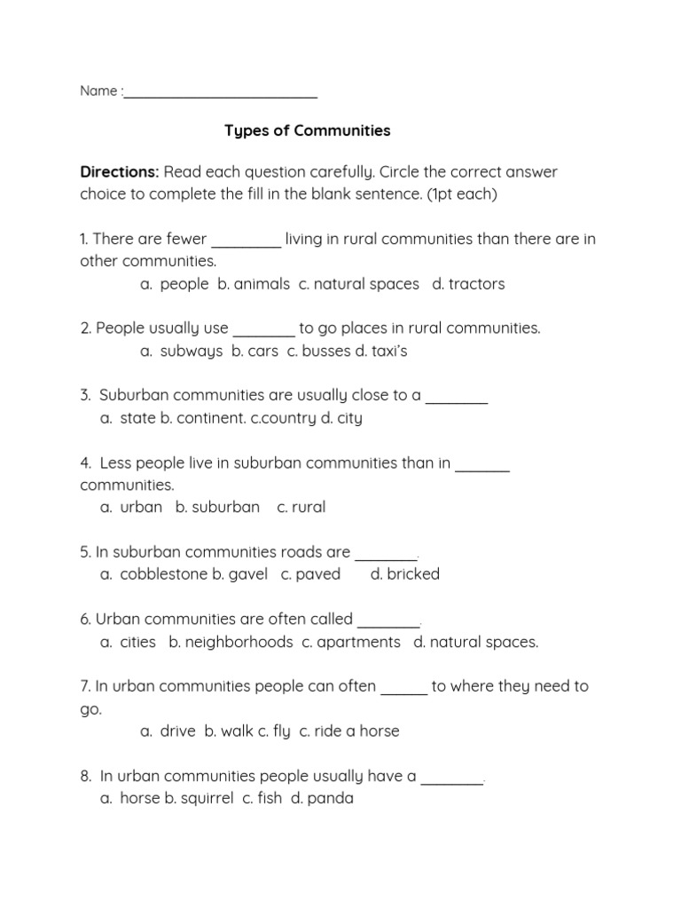 Types of Communities Quiz Worksheet | PDF | Foreign Language Studies