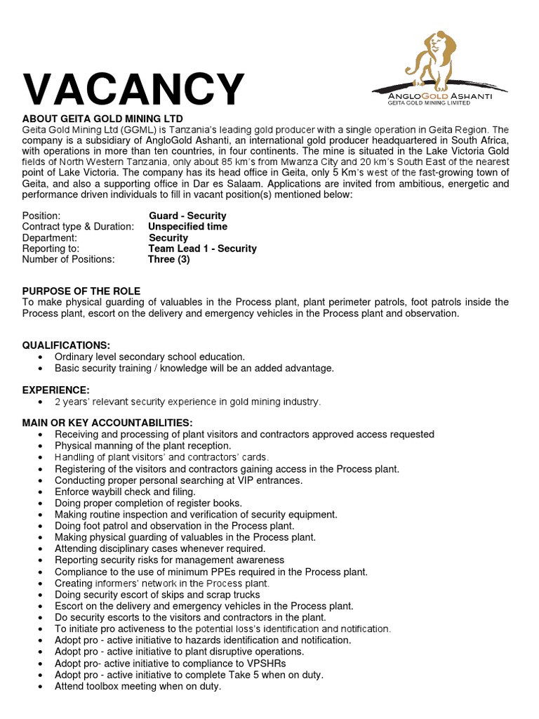 Security Guard Vacancy at GGML | PDF | Finance & Money Management