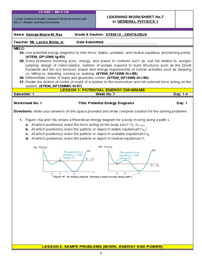 George Blaire Ras - Worksheets7 - Lazaro R. Binay JR Quarter 1 | PDF | Force | Potential Energy