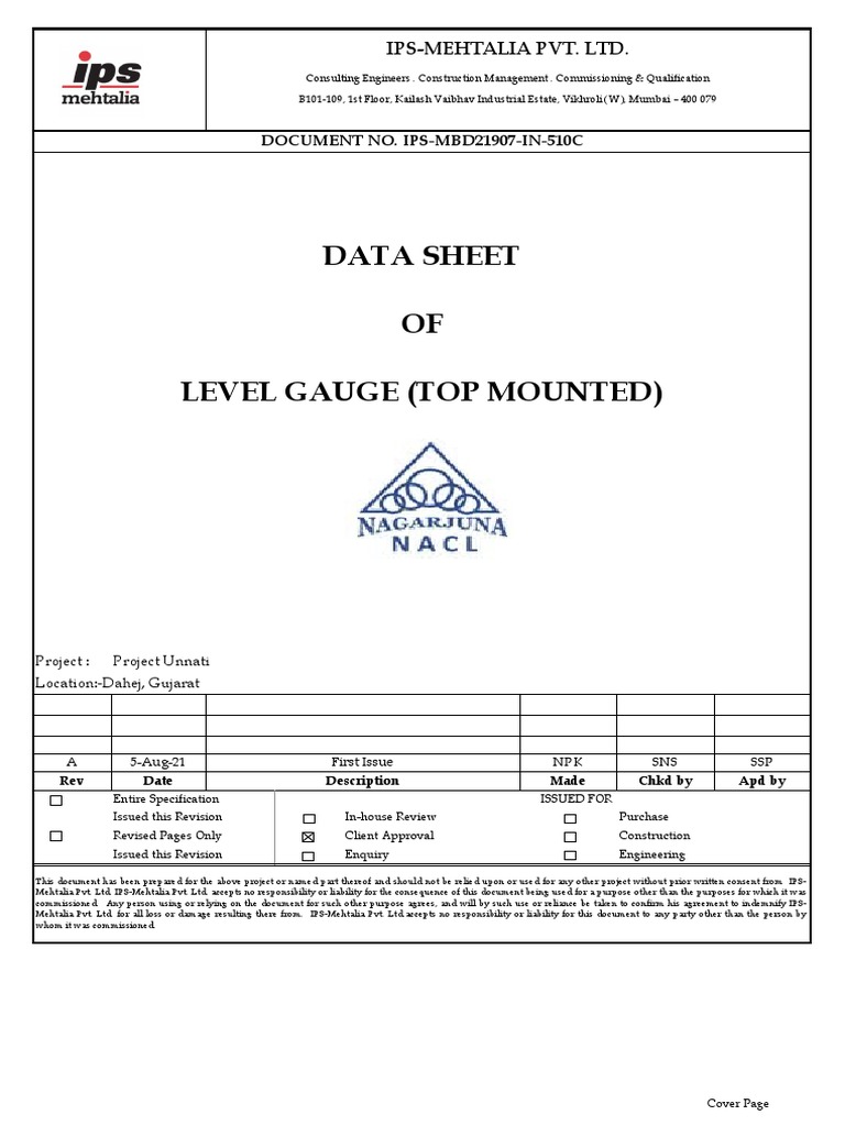 IPS-MBD21907-In-510C-Data Sheet of Level Gauge (Top Mounted) - A | PDF ...