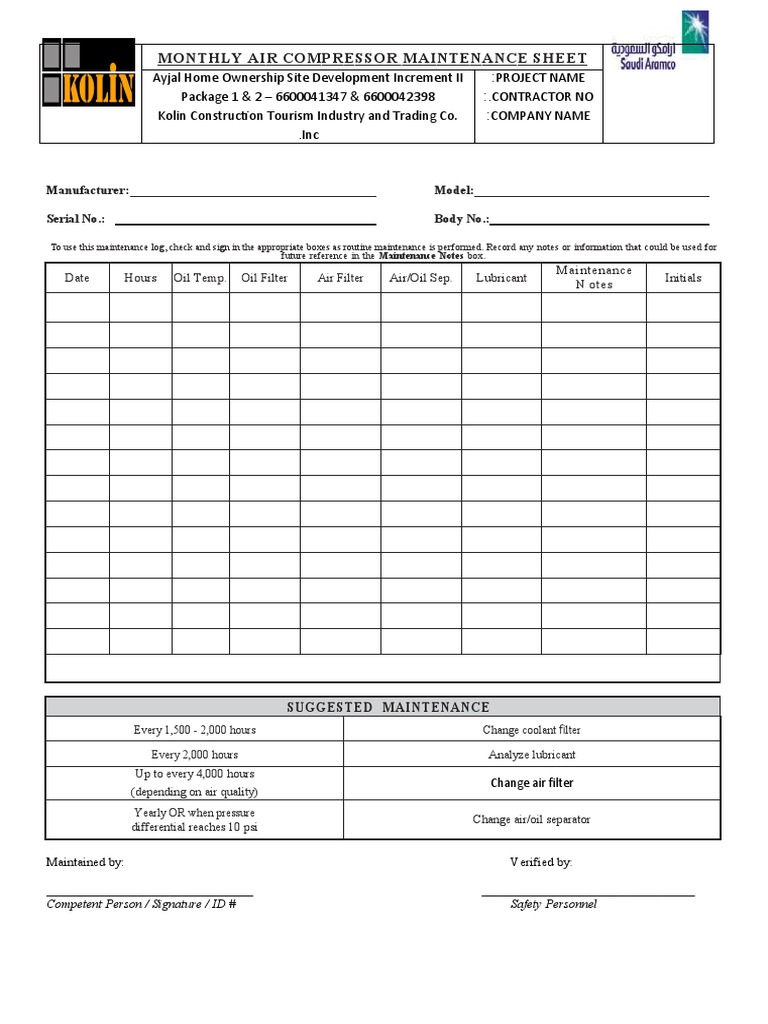 3.3.9 Air Compressor Maintenance Log | PDF | Mechanical Engineering