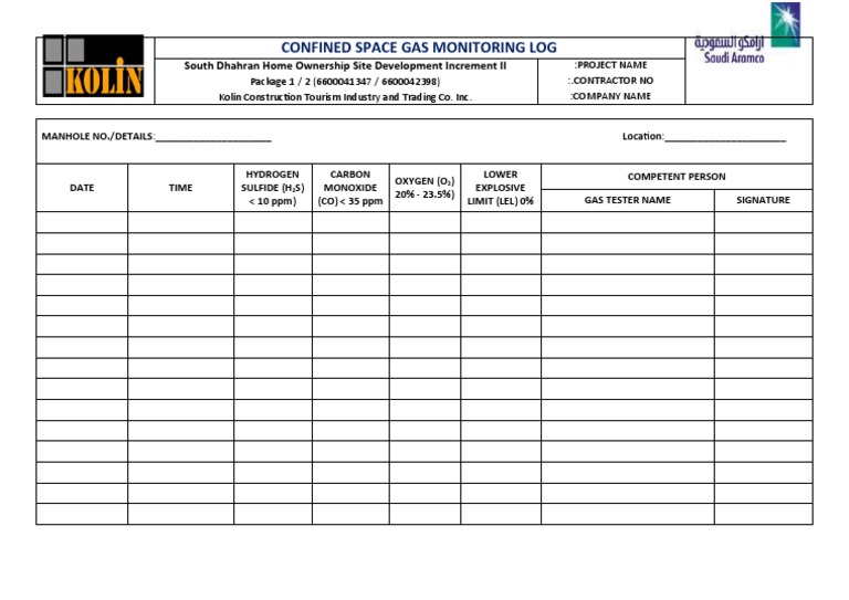 3.3.10 Confined Space Gas Monitoring Log | PDF | Technology & Engineering