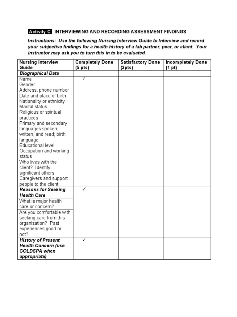 Nursing Interview Guide Checklist | PDF | Stress (Biology) | Family