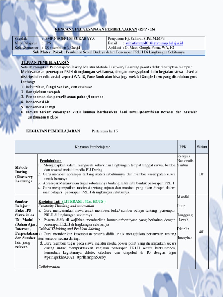 RPP Ips Kelas 9 Perubahan Sosial Budaya (Penerapan PRLH) | PDF | Ilmu ...