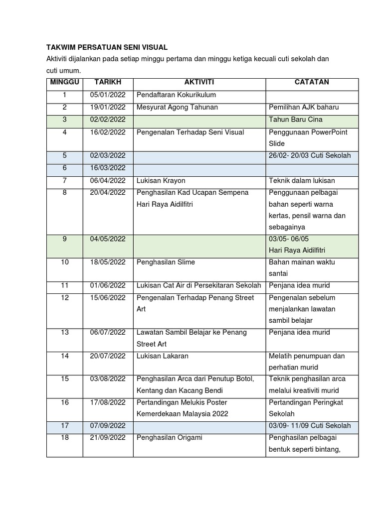 Takwim Persatuan Seni Visual | PDF