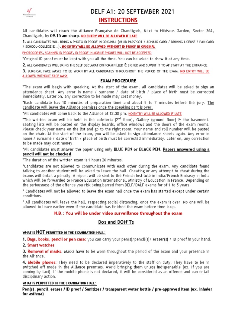 INSTRUCTIONS A1 A2 B1 B2 C1 Septembre 2021 | PDF | Test (Assessment ...