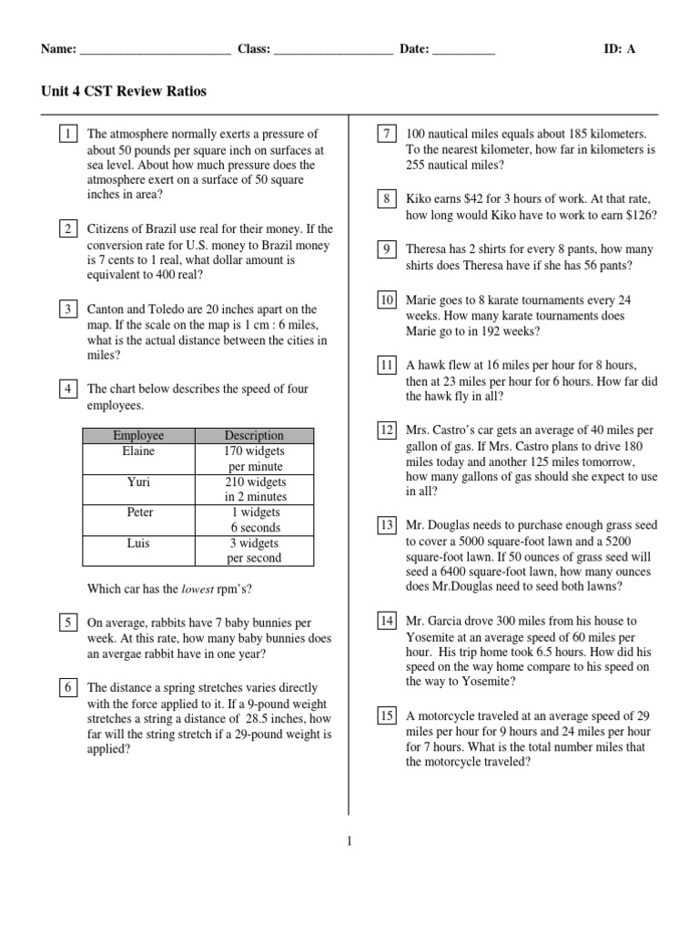 Unit 4 CST Review Ratios | PDF | Speed | Pressure