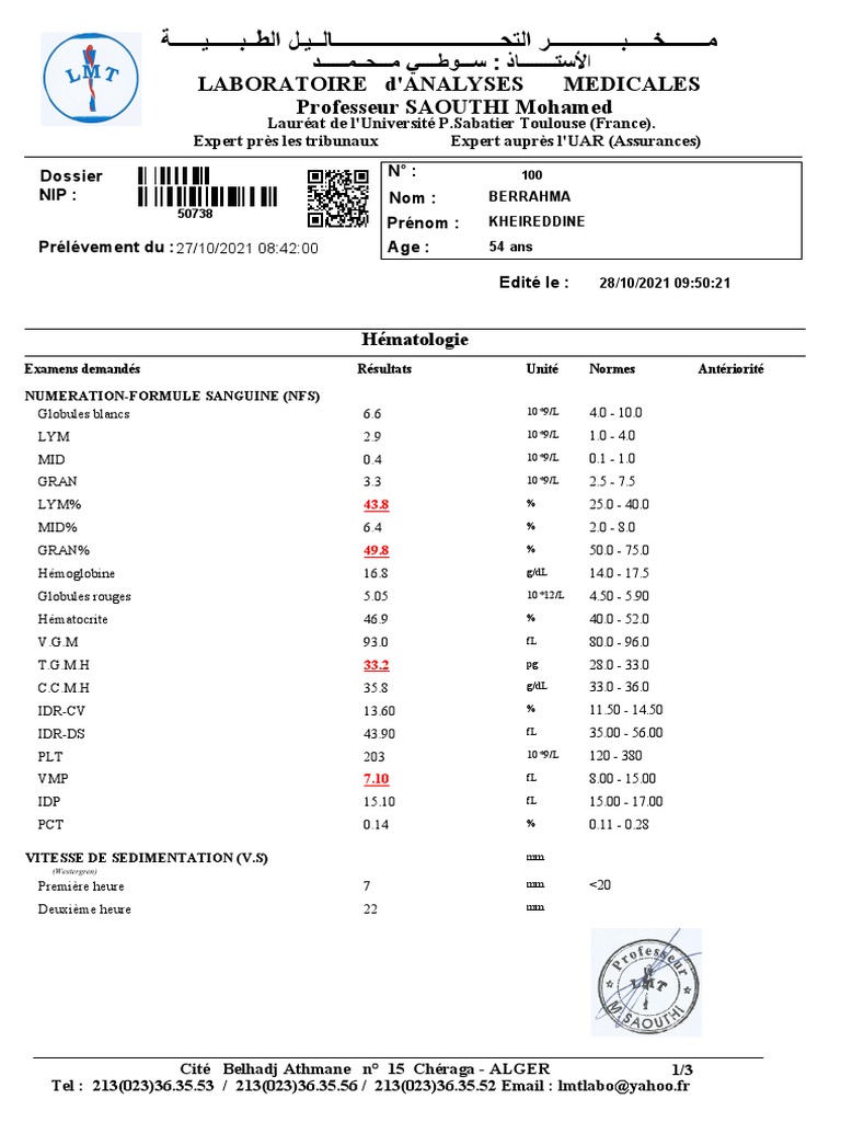 Rapport 100 | PDF | Sang | Diagnostic médical