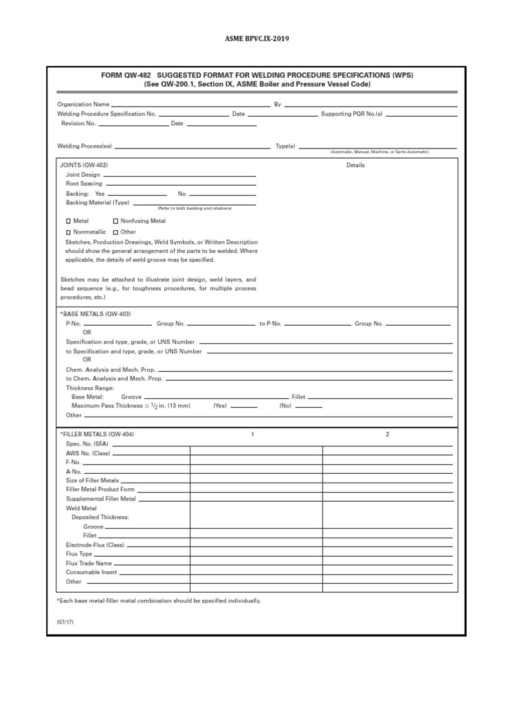 Form Qw-482 Suggested Format For Welding Procedure Specifications (WPS ...