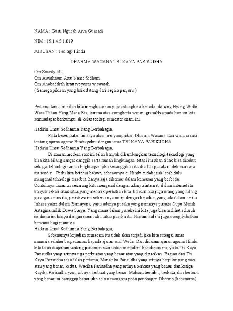 Dharma Wacana Tri Kaya Parisudha | PDF