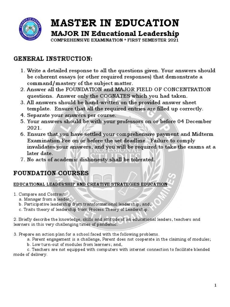 Masteral Compre Exam in Educational Leadership | PDF | Curriculum ...