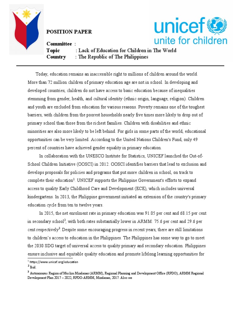 Position Paper Committee: Topic: Lack of Education For Children in The ...