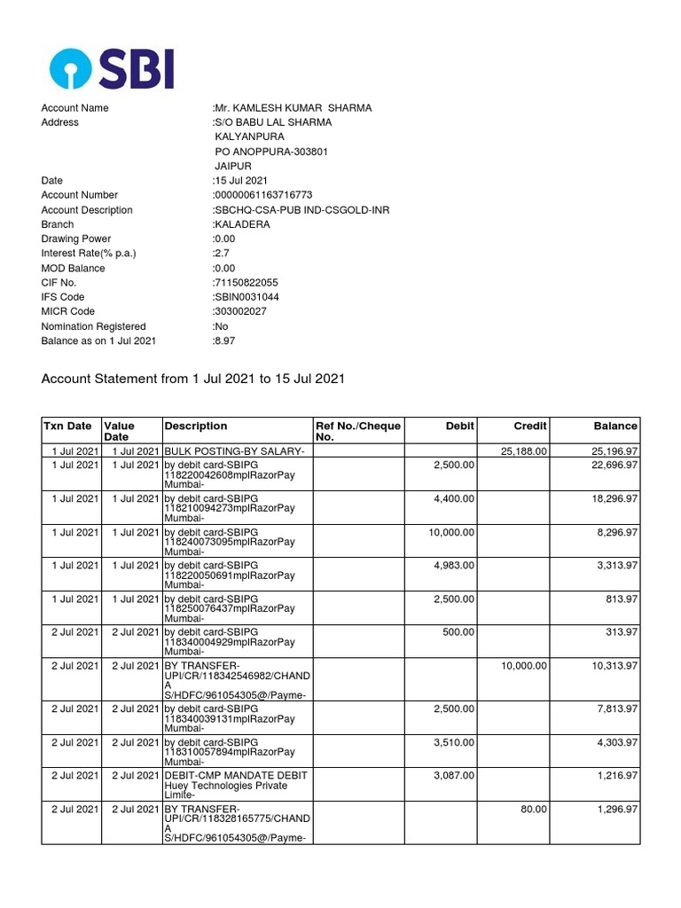 Account Statement From 1 Jul 2021 To 15 Jul 2021: TXN Date Value Date Description Ref No./Cheque ...