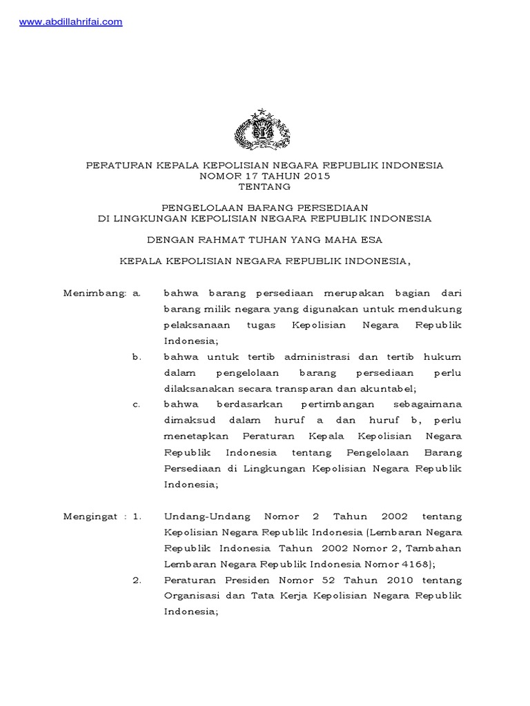 PERKAP NO 17 Tahun 2015 PENGELOLAAN BARANG PERSEDIAAN DI LING. POLRI | PDF