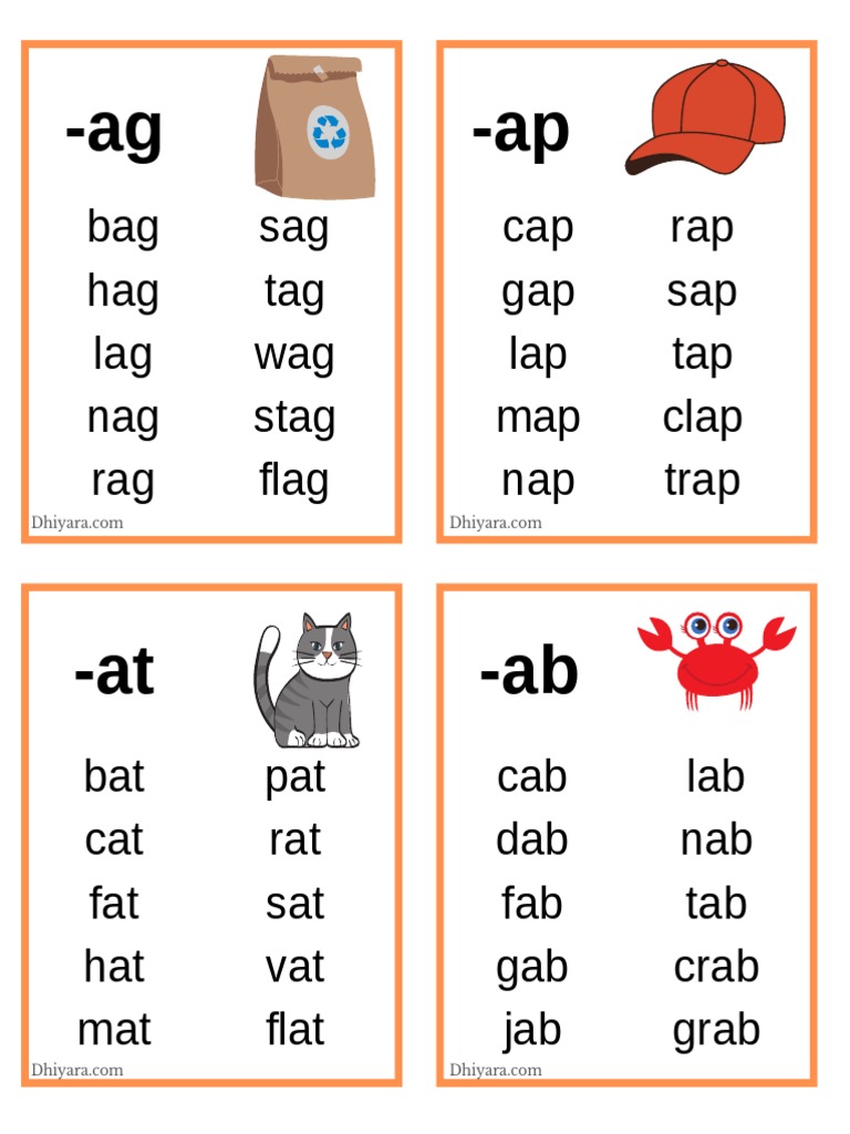 Ag - Ap: Bag Hag Lag Nag Rag Sag Tag Wag Stag Flag Cap Gap Lap Map Nap ...