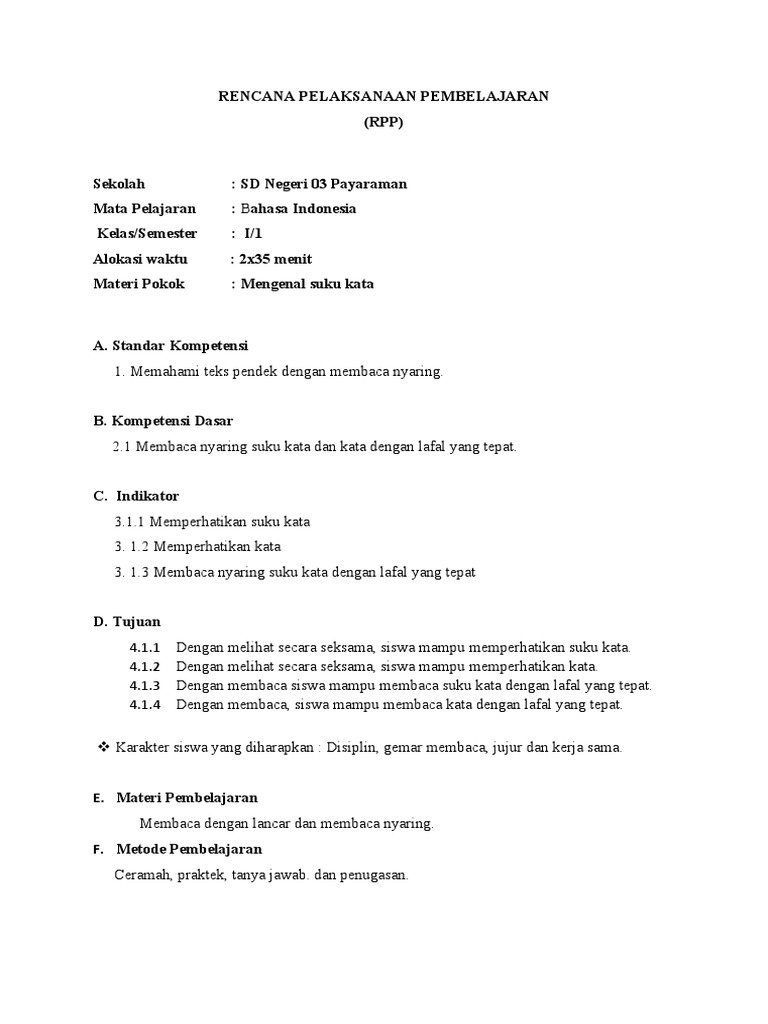 RPP Kelas Rendah Ayu Melisah (2010201012) | PDF