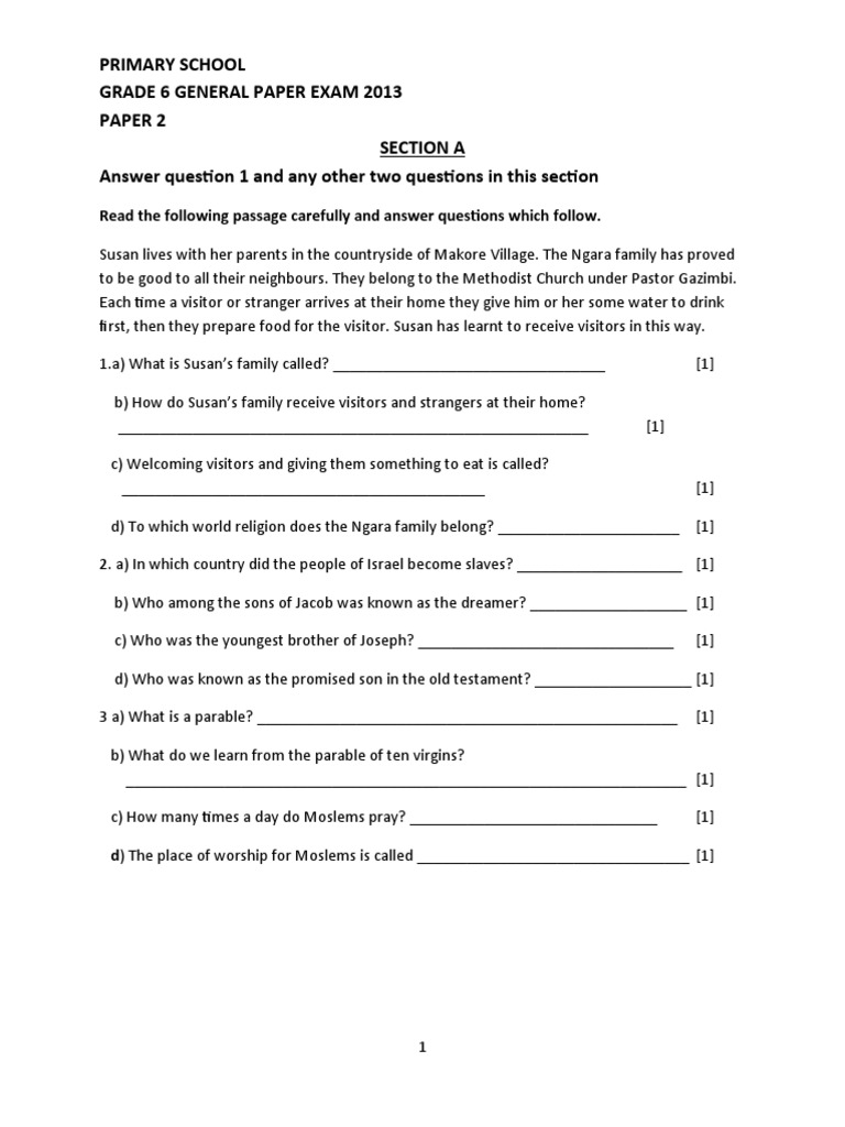 Primary School Grade 6 General Paper Exam 2013 Paper 2 Section A Answer ...