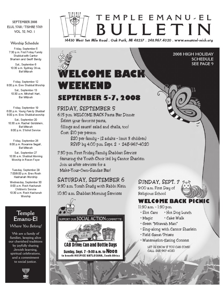 Bulletin: Welcome Back Weekend | PDF | High Holy Days | Shabbat