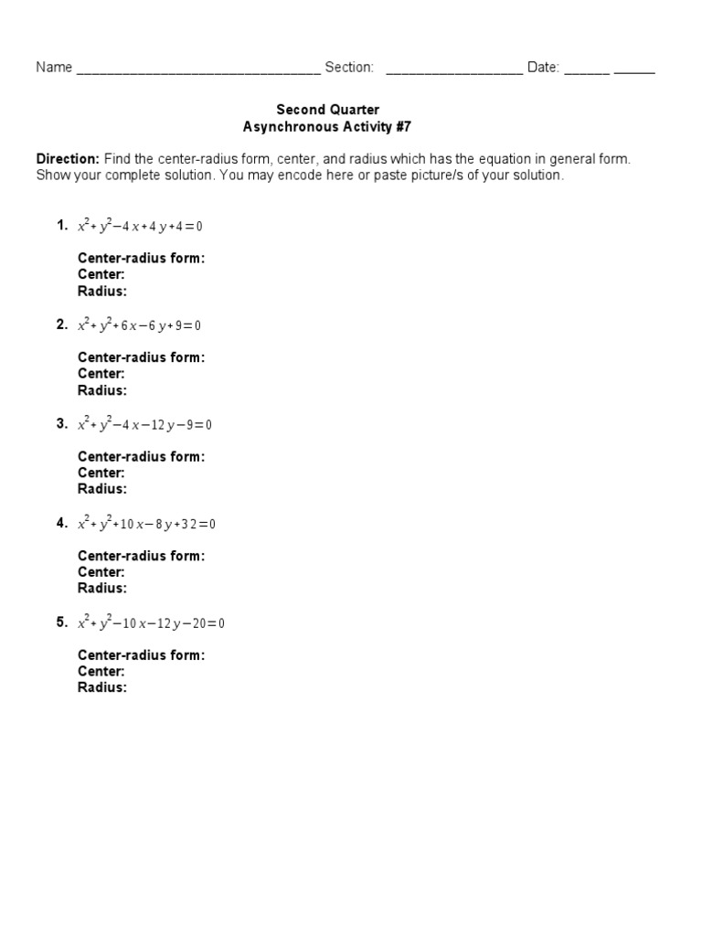 Worksheet On General Form of Equation of A Circle | PDF | Teaching ...