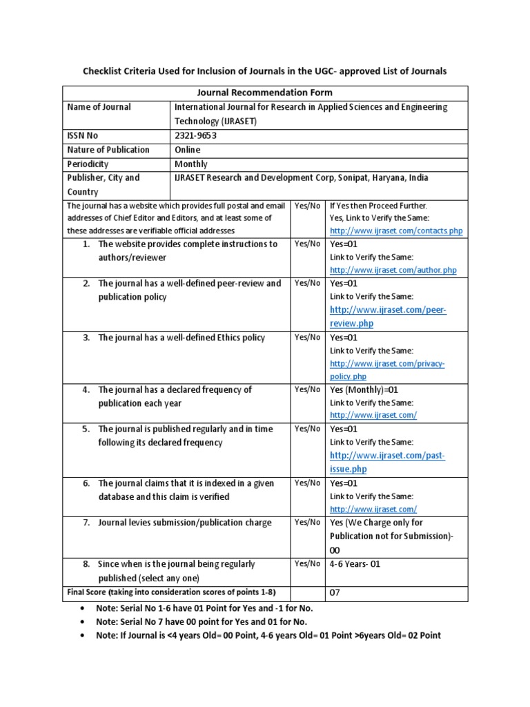 Checklist Criteria Used For Inclusion of Journals in The UGC-approved ...