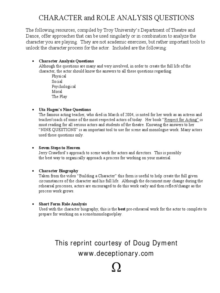 Character and Role Analysis Questions: This Reprint Courtesy of Doug ...