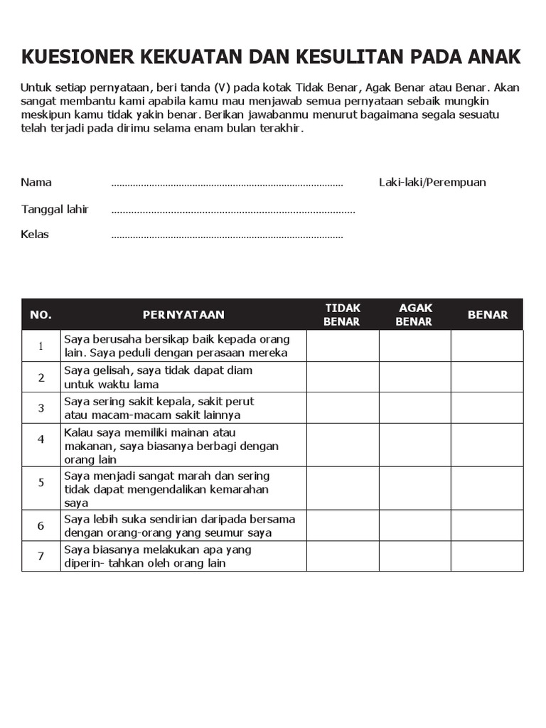 Kuisioner SDQ Bahasa Indonesia (Dipakai) | PDF