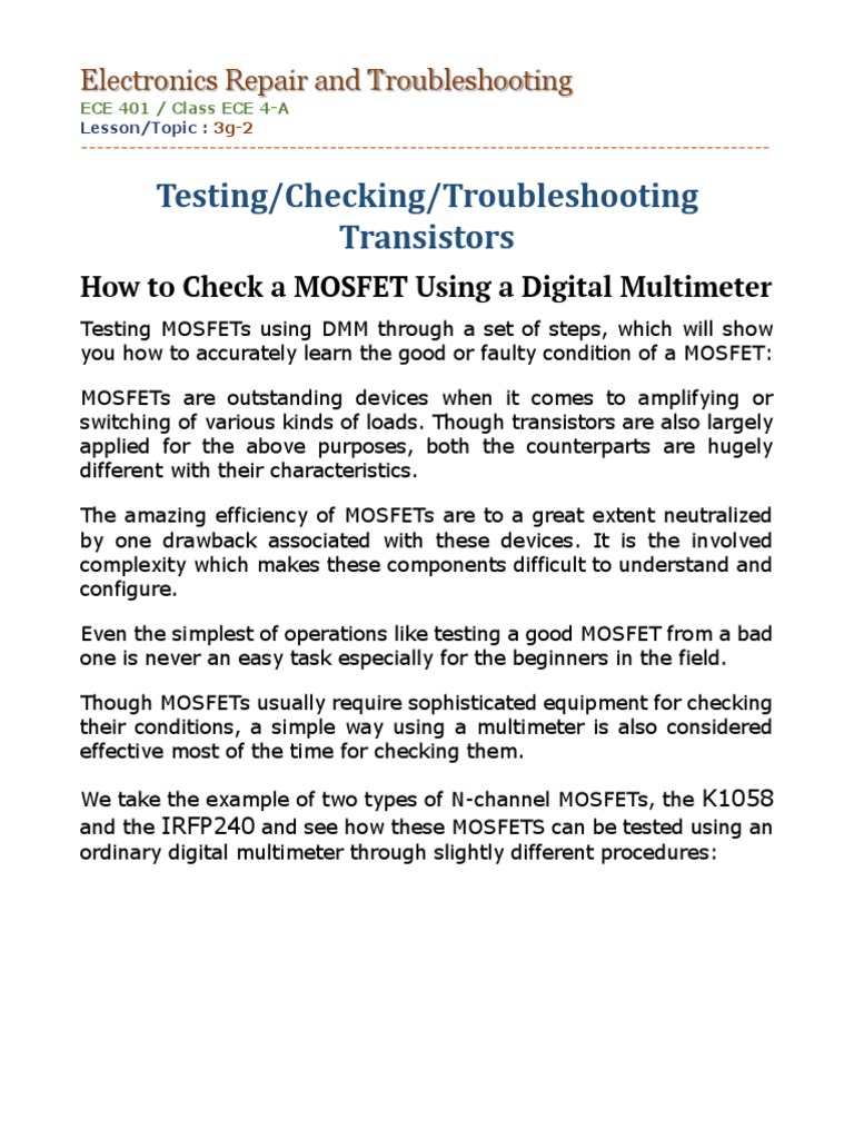 Testing/Checking/Troubleshooting Transistors: How To Check A MOSFET ...