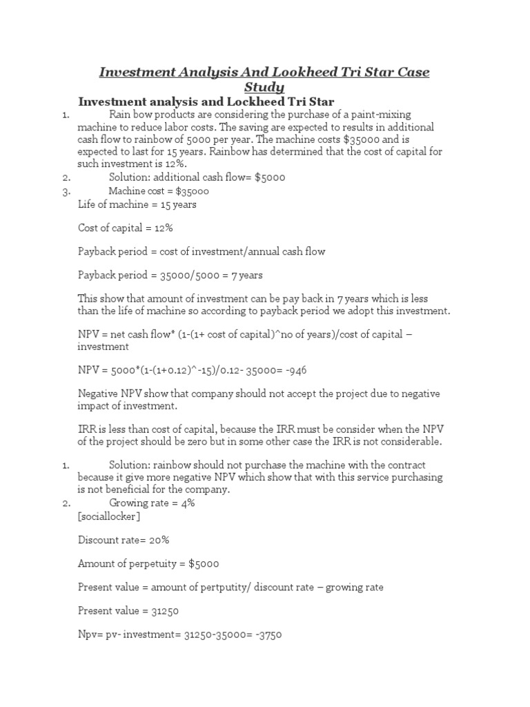 Investment Analysis and Lookheed Tri Star Case Study | PDF | Net ...