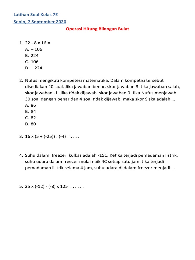Latihan Soal Operasi Hitung Bilangan Bulat | PDF | Metode & Bahan Ajar