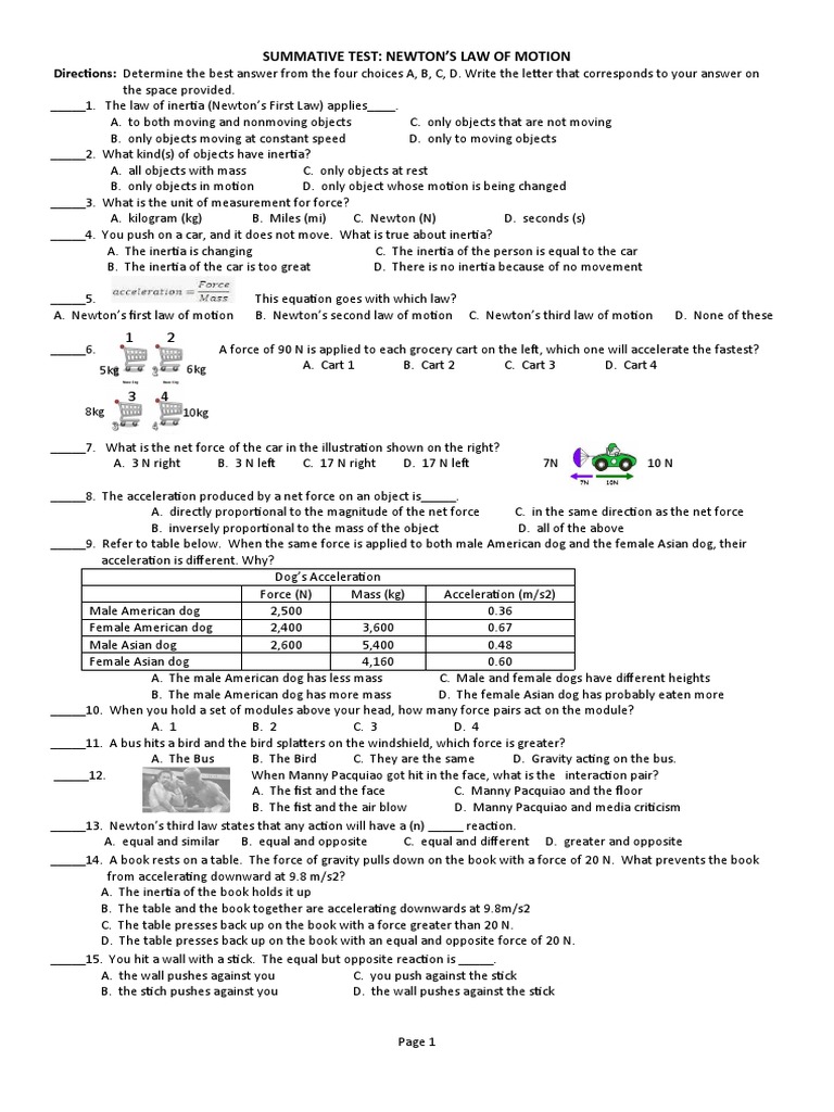 Summative Test: Newton'S Law of Motion | PDF | Force | Newton's Laws Of ...