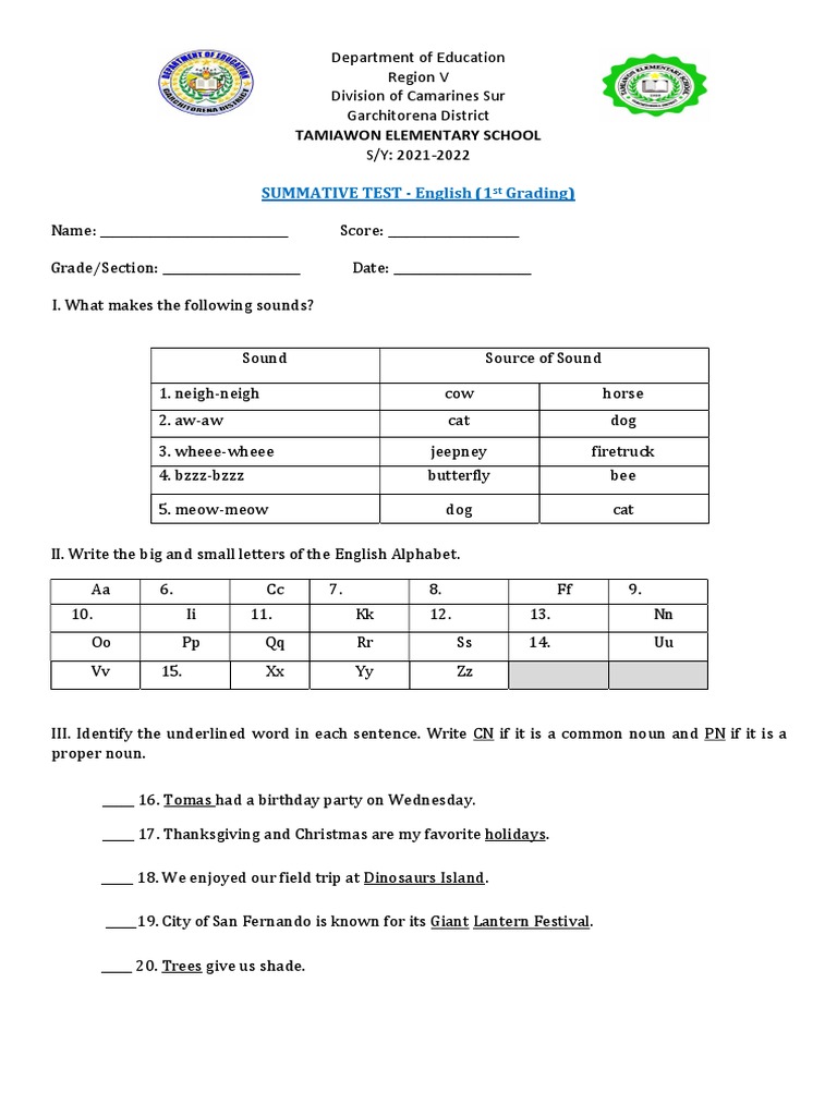 Summative Test - Grade 2 - Q1 | PDF
