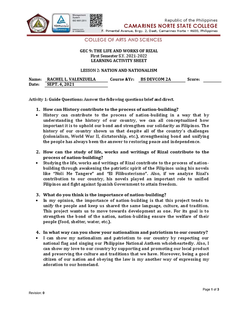 Lesson 2 Activity Rizal | PDF | Nationalism | Philippines