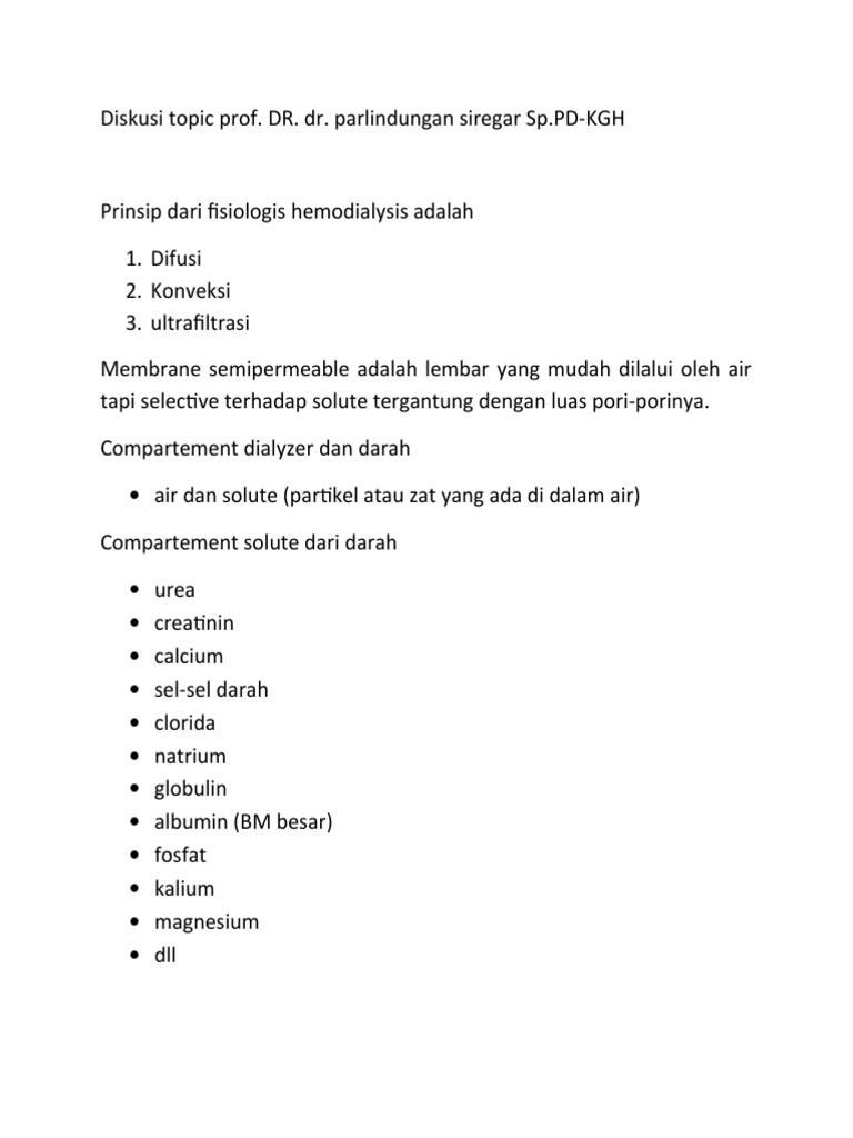 Penjelasan Fisiologi HD Oleh Prof DR Dr. Parlindungan Siregar SPPD-KGH | PDF