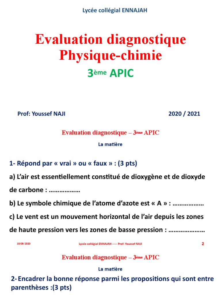 Evaluation Diagnostique-3ème APIC | PDF | La combustion | Carbone