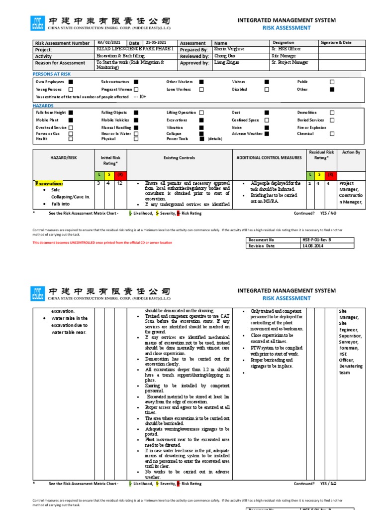 CSCEC HSE-F-01 Risk Assessment Form - Excavation& Backfilling - RA-02 ...