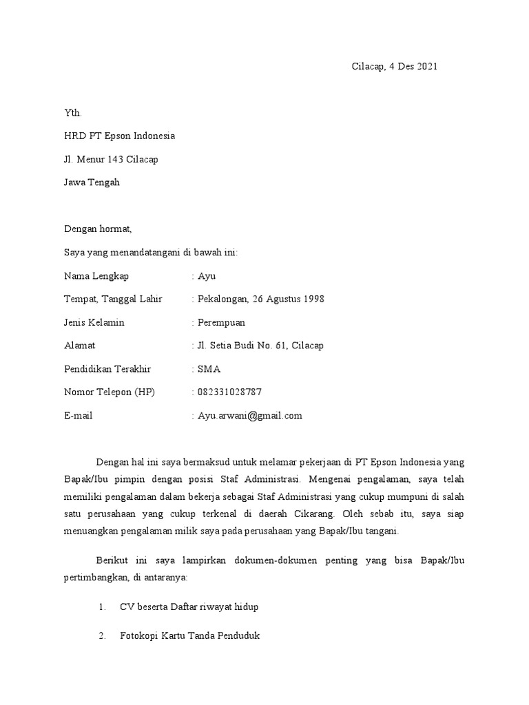 Surat Lamaran Staf Administrasi | PDF