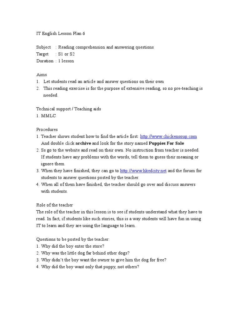 Reading Comprehension and Answering Questions (S1 or S2 English) | PDF