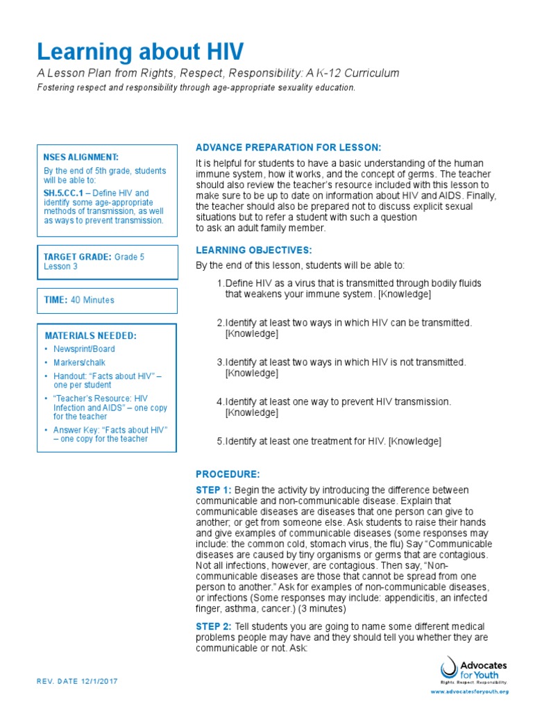 Learning About HIV: A Lesson Plan From Rights, Respect, Responsibility ...