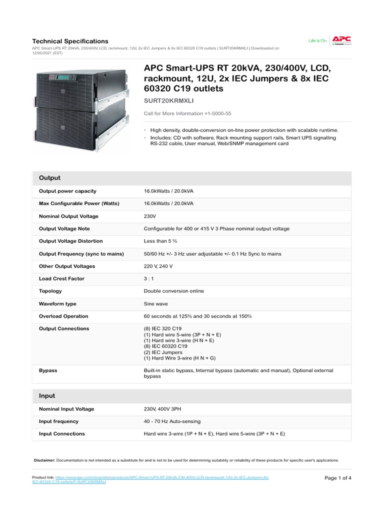 APC Smart-UPS RT 20kVA, 230/400V, LCD, Rackmount, 12U, 2x IEC Jumpers ...