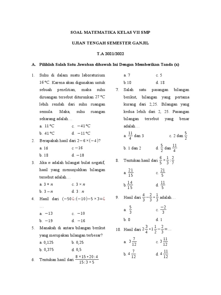 Soal Ujian Matematika Kelas Vii SMP | PDF