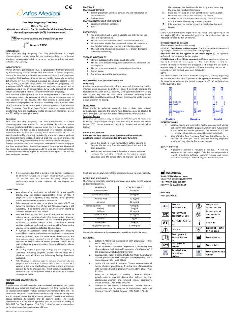 One Step Pregnancy Test Strip (Urine/Serum) : Store at 2-30°C | PDF ...