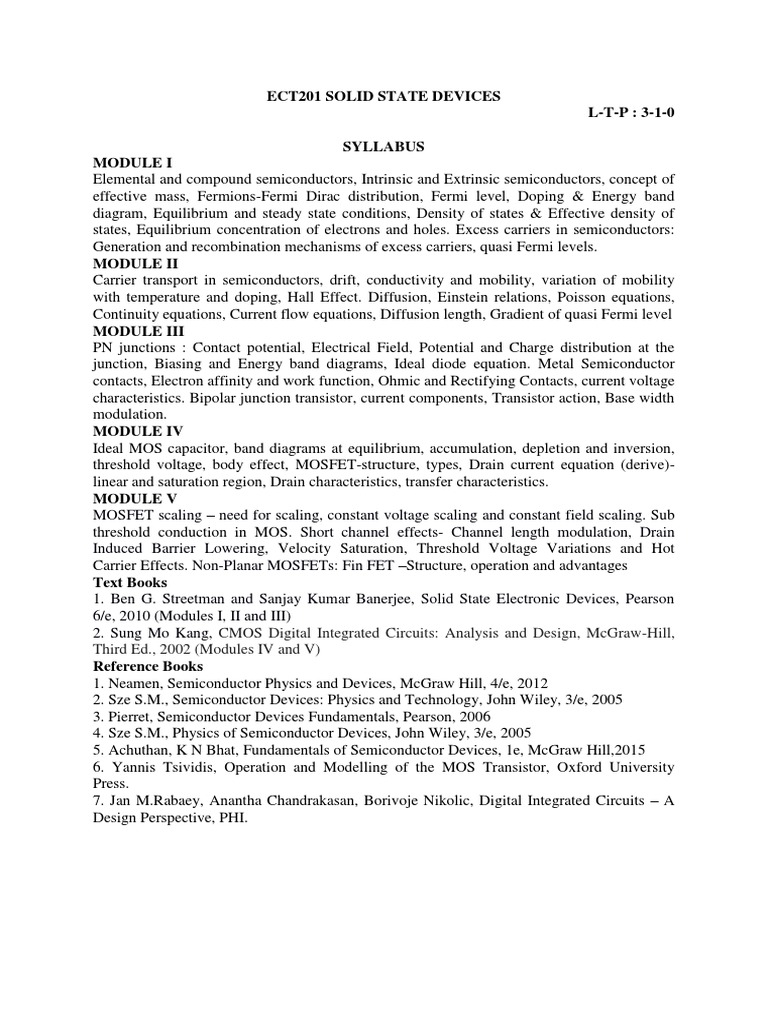 Ect201 Solid State Devices L-T-P: 3-1-0 Syllabus | PDF | Field Effect Transistor | Mosfet