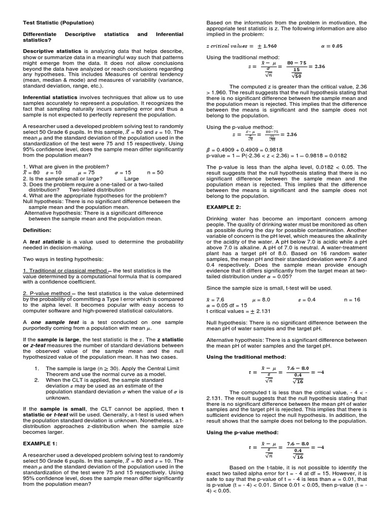 Test Statistics Fact Sheet | PDF | P Value | Statistics