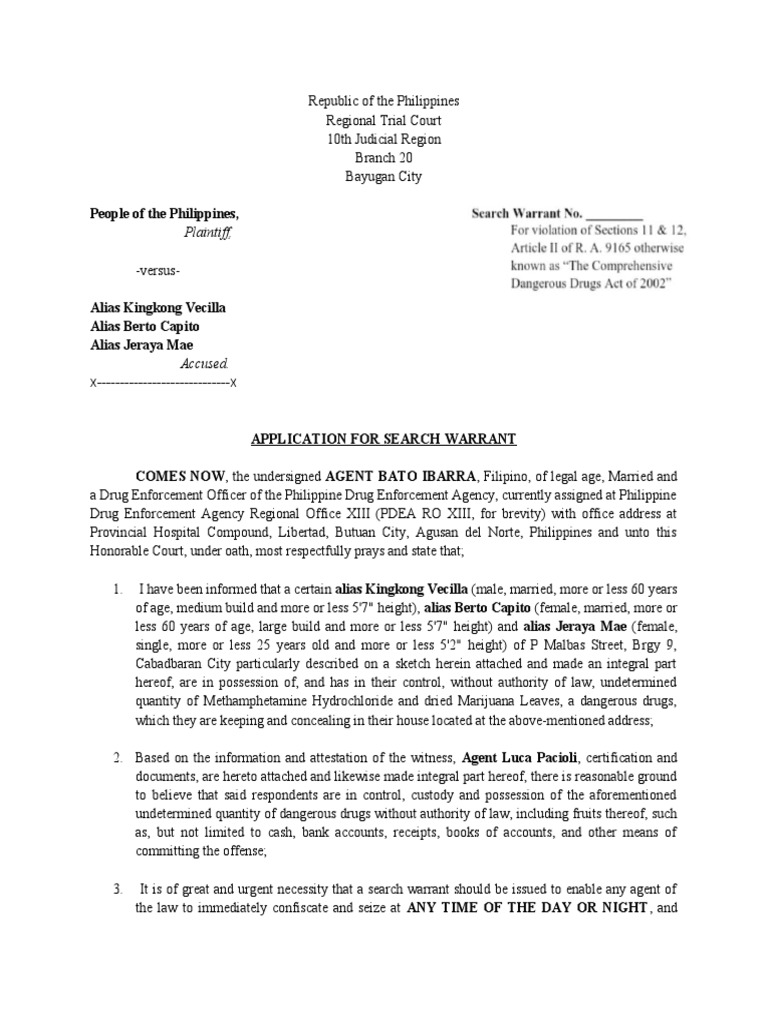 RA 9165 Application-for-Search-Warrant | PDF | Search Warrant | Law ...